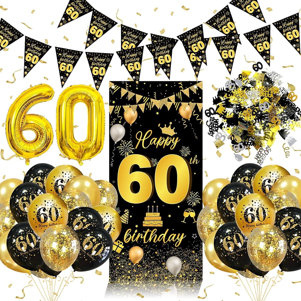 Black and Gold 60th Birthday Decorations Banner Balloon, Happy Birthday ...