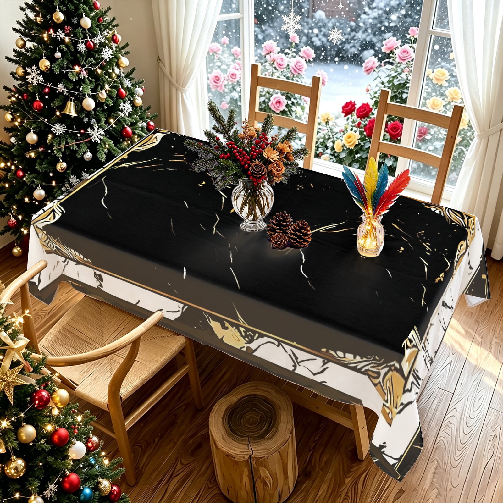 Black Gold Abstract 2D Pattern Print Rectangular Tablecloth, Decorative ...