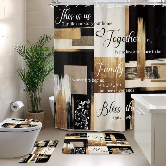 Black Gold Abstract 4Pcs Bathroom Shower Curtain Sets Modern Oil ...