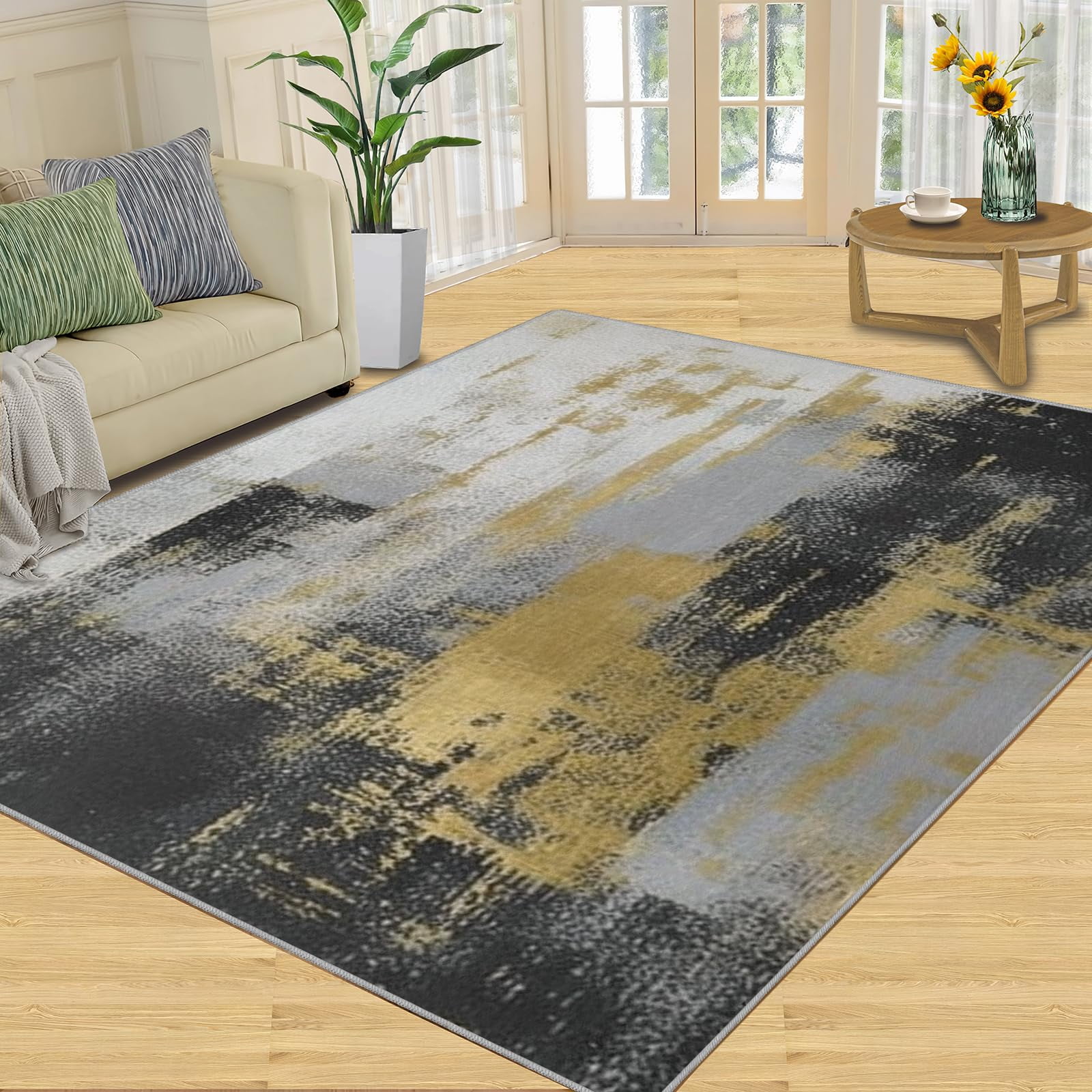 Black Gold Abstract Area Rug, Modern Marble Rugs For Living Room ...