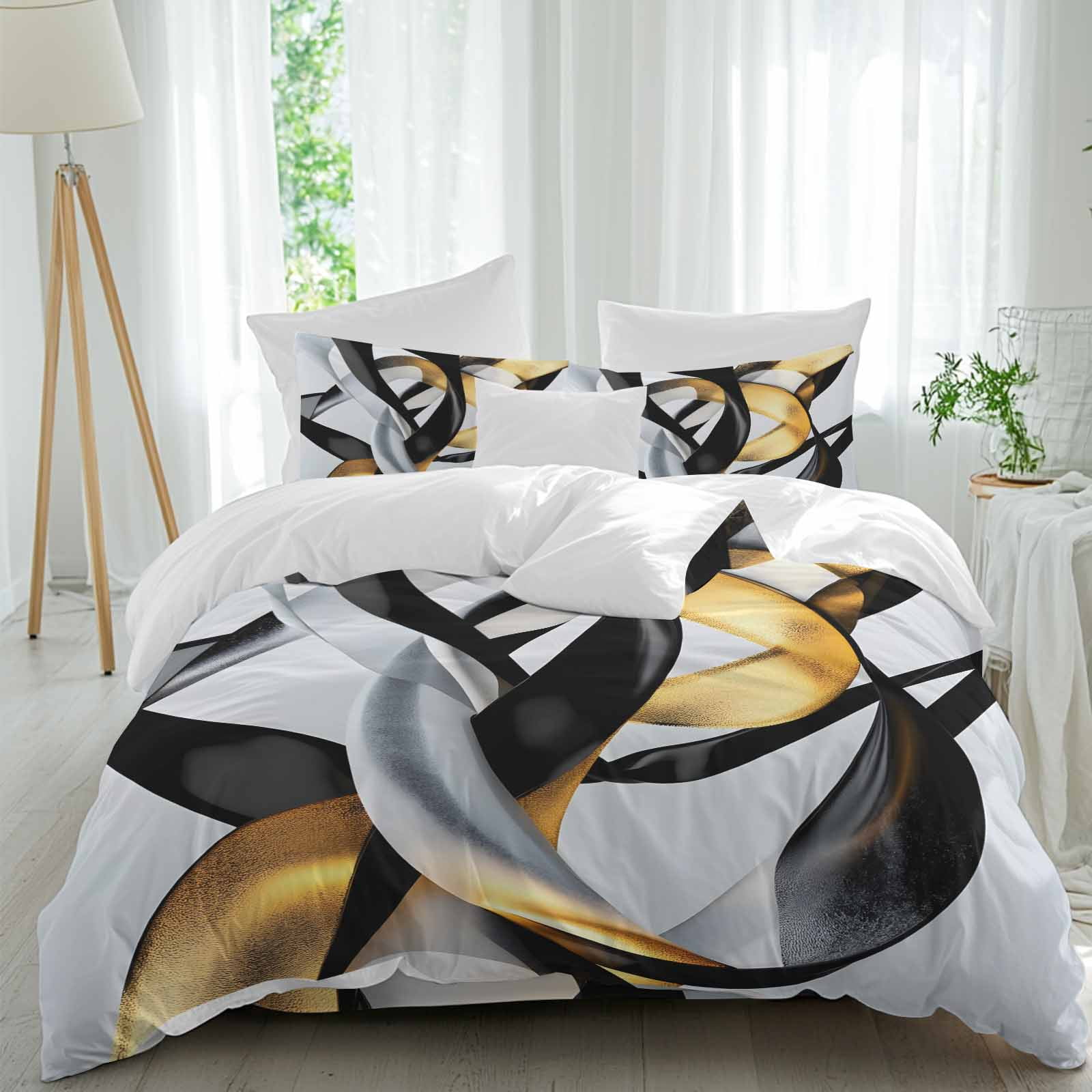 Black Gold Abstract Duvet Cover Set Full Size, Geometric Street Art 4 ...