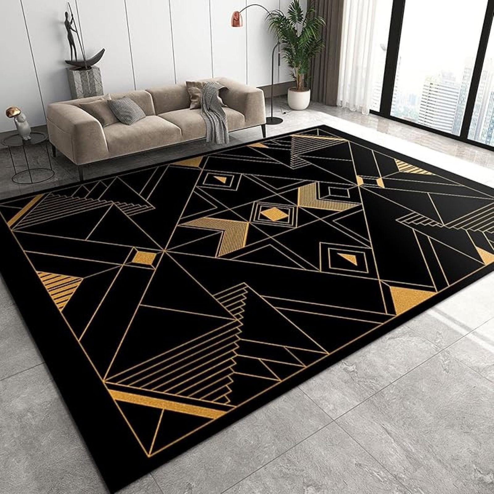 Black Gold Abstract Geometry Area Rugs, Line Geometry Art Easy Clean ...