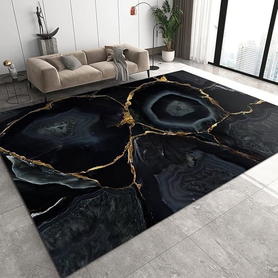 Black Gold Abstract Marble Area Rugs, Gilded Circle Black Stone ...