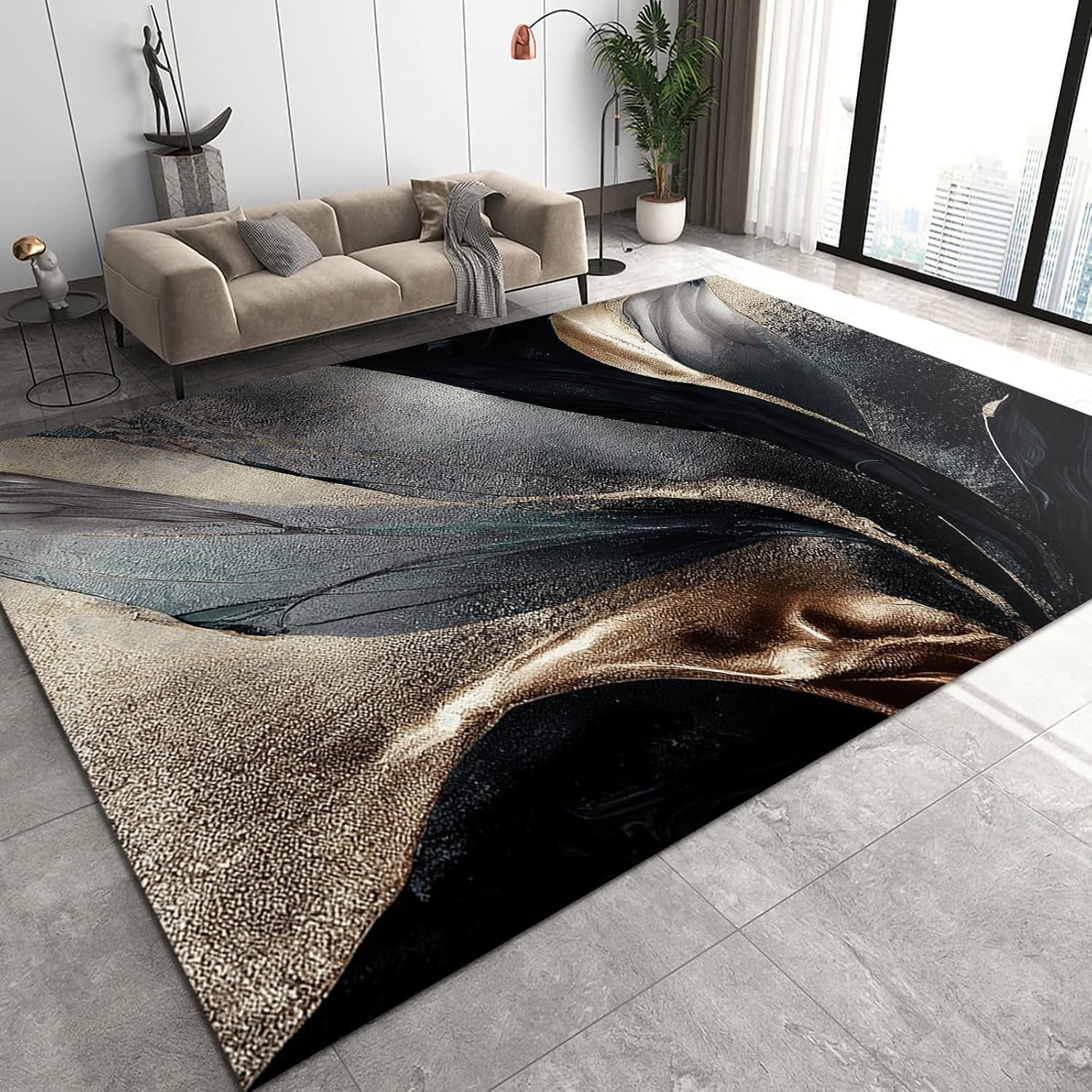 Black Gold Abstract Marble Area Rugs, Luxury Stylish Curved Fluid Art ...