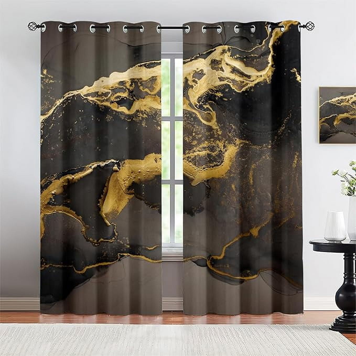 Black Gold Abstract Marble Window Blackout Curtains, Irregular Oil ...