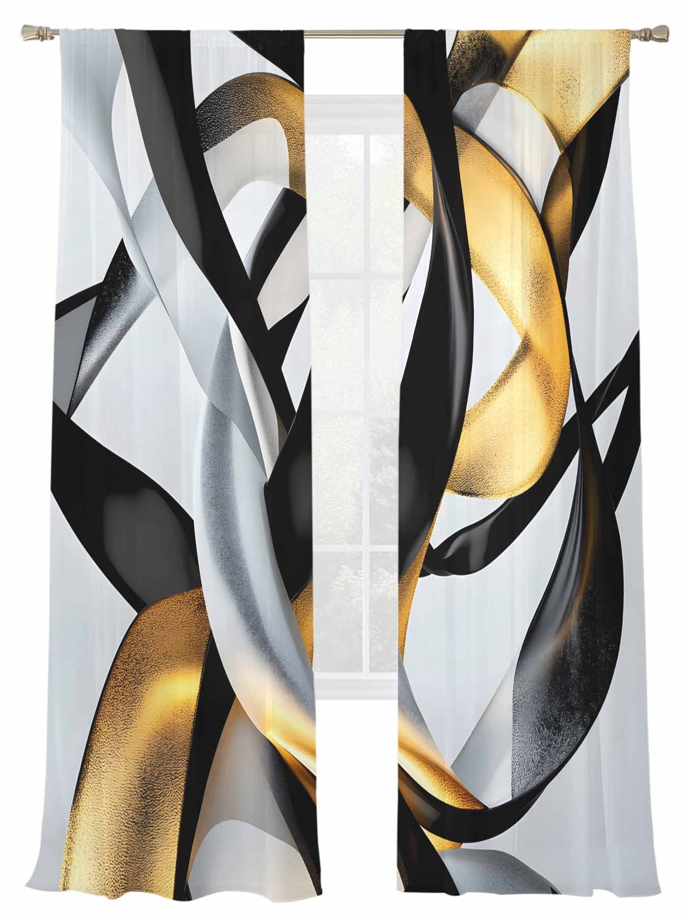Black Gold Abstract Sheer Curtains for Living Room Bedroom, Light ...