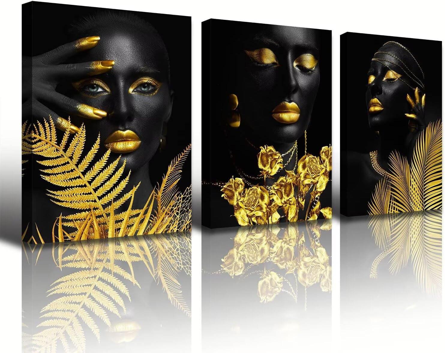 Black Gold African American Woman Wall Art Tropical Botanical Black Girl Pictures for Living ...