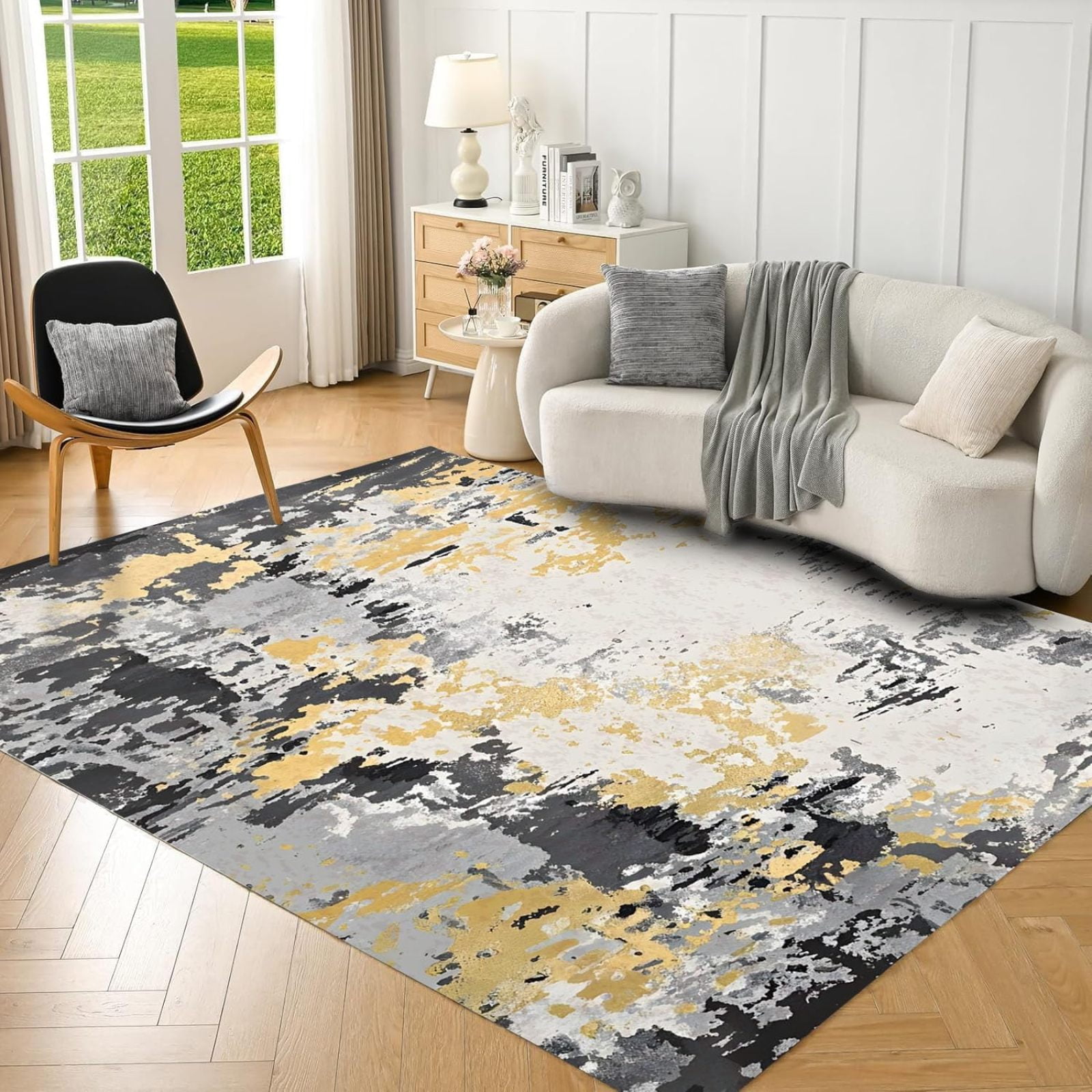 Black Gold Area Rug For Living Room, Grey And Gold Abstract Rug For ...