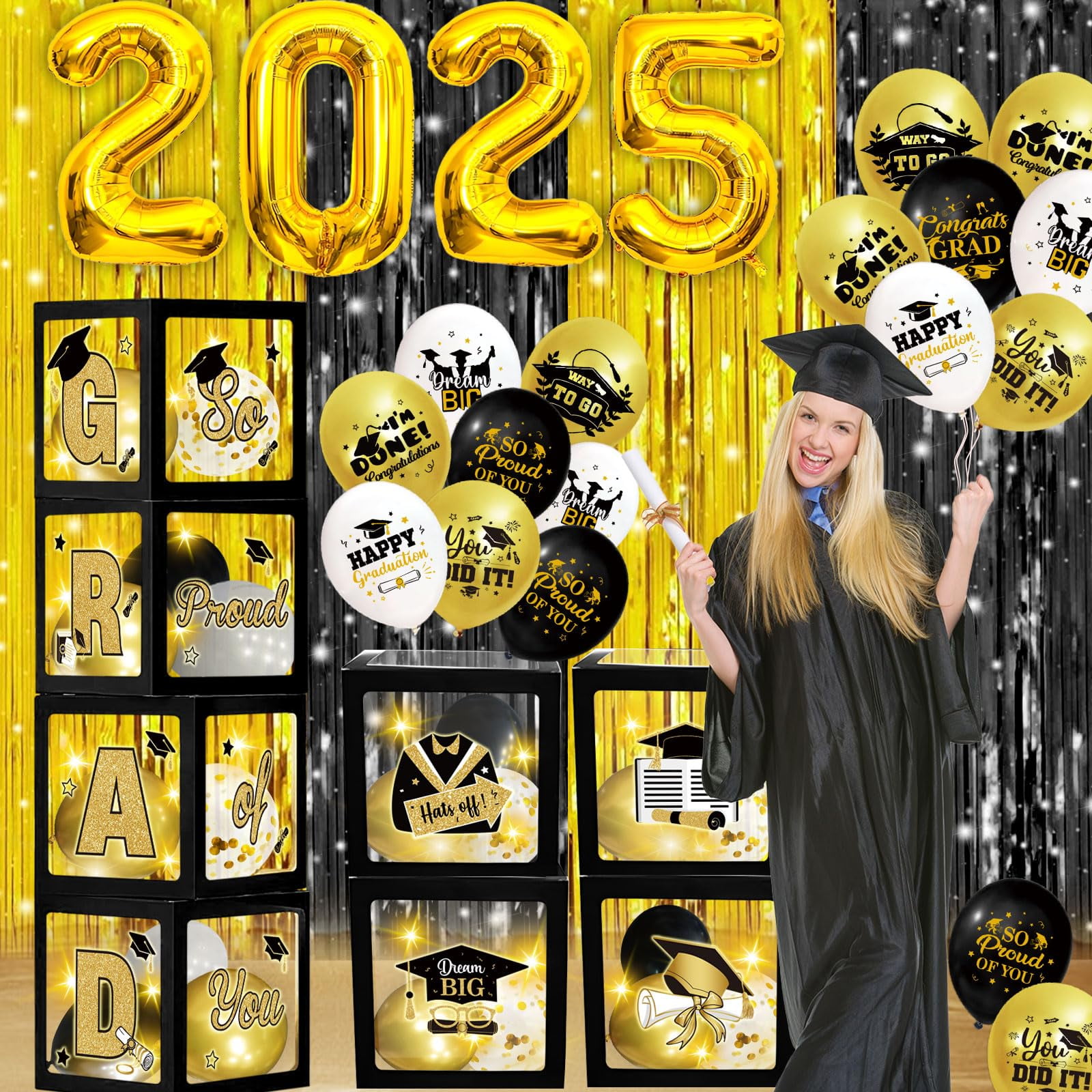 Black and Gold Balloon MMF7 Boxes with Letters Graduation Boxes 2025 ...
