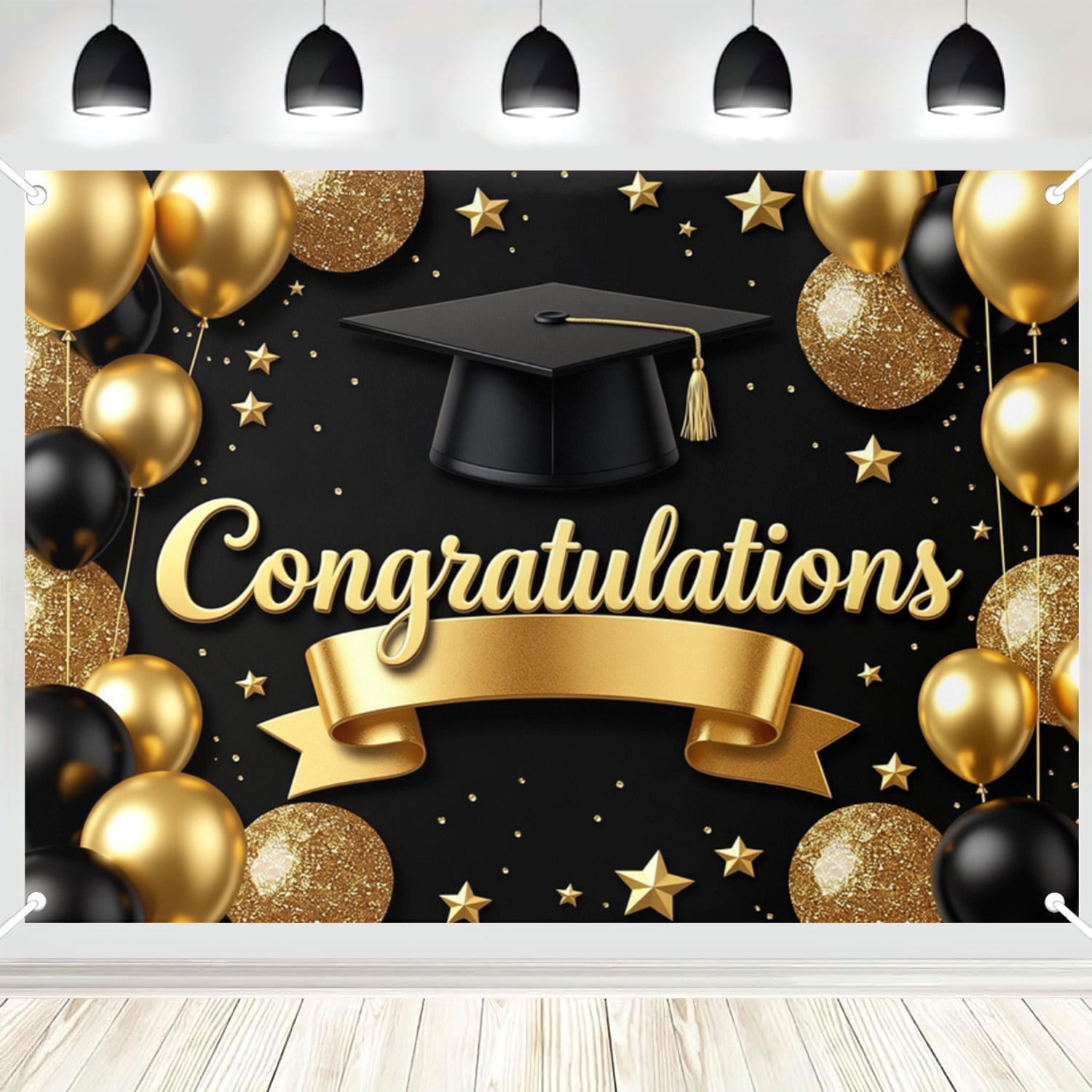 Black Gold Balloon Star Graduation Backdrop, Congratulations Ribbon ...