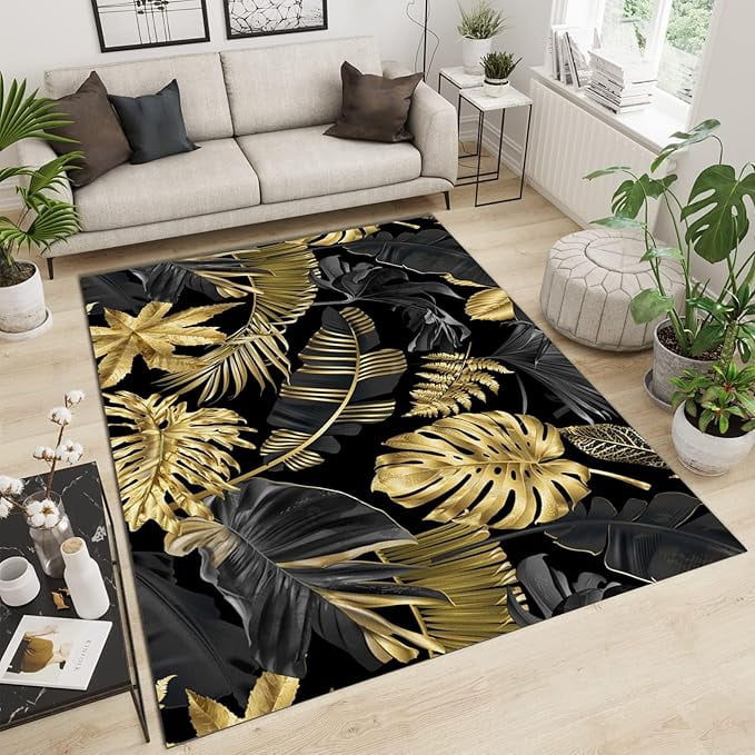 Black Gold Banana Leaf Area Rug, Tropical Palm Leaves Non-Slip Kids ...