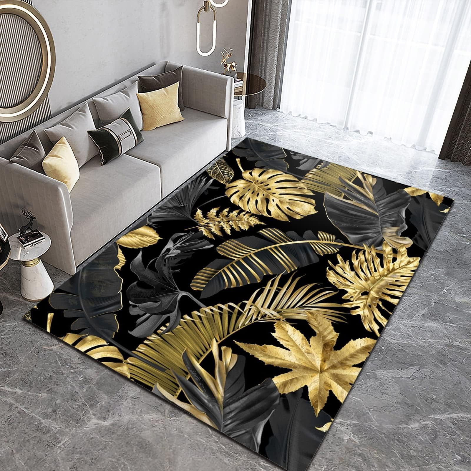 Black Gold Banana Leaf Area Rugs, Tropical Palm Leaves Non-Slip Kids ...