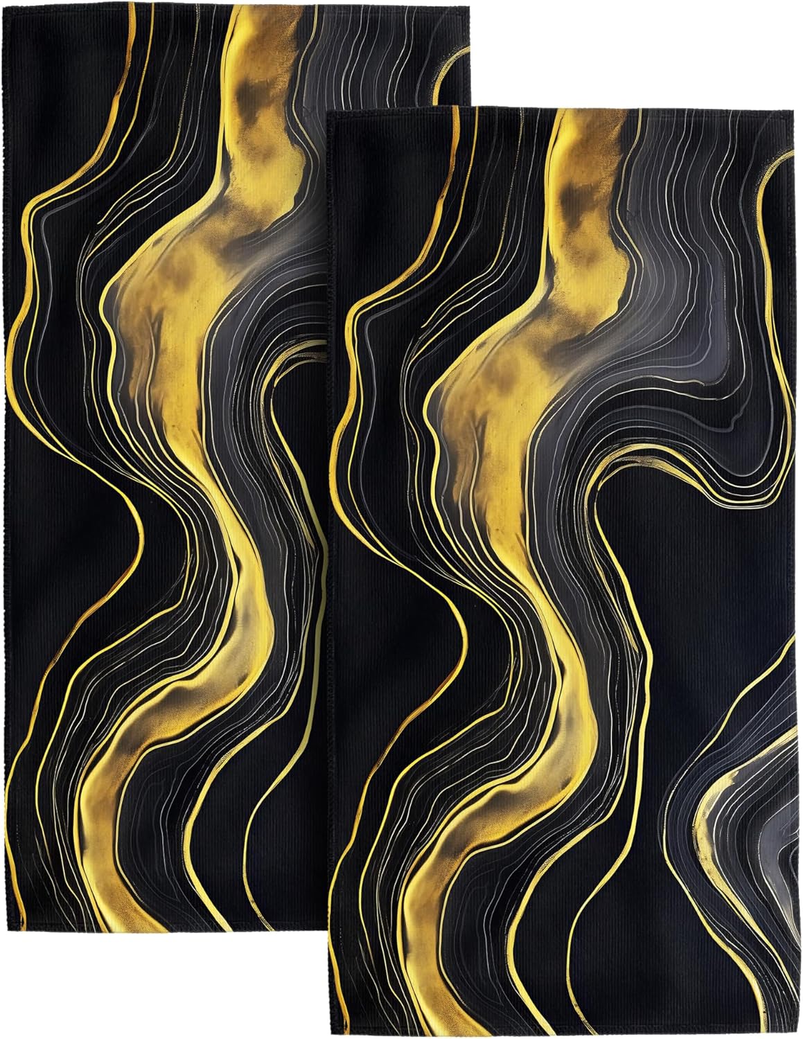 Black and Gold Bath Hand Towels Set of 2 Soft Absorbent Marble Texture ...