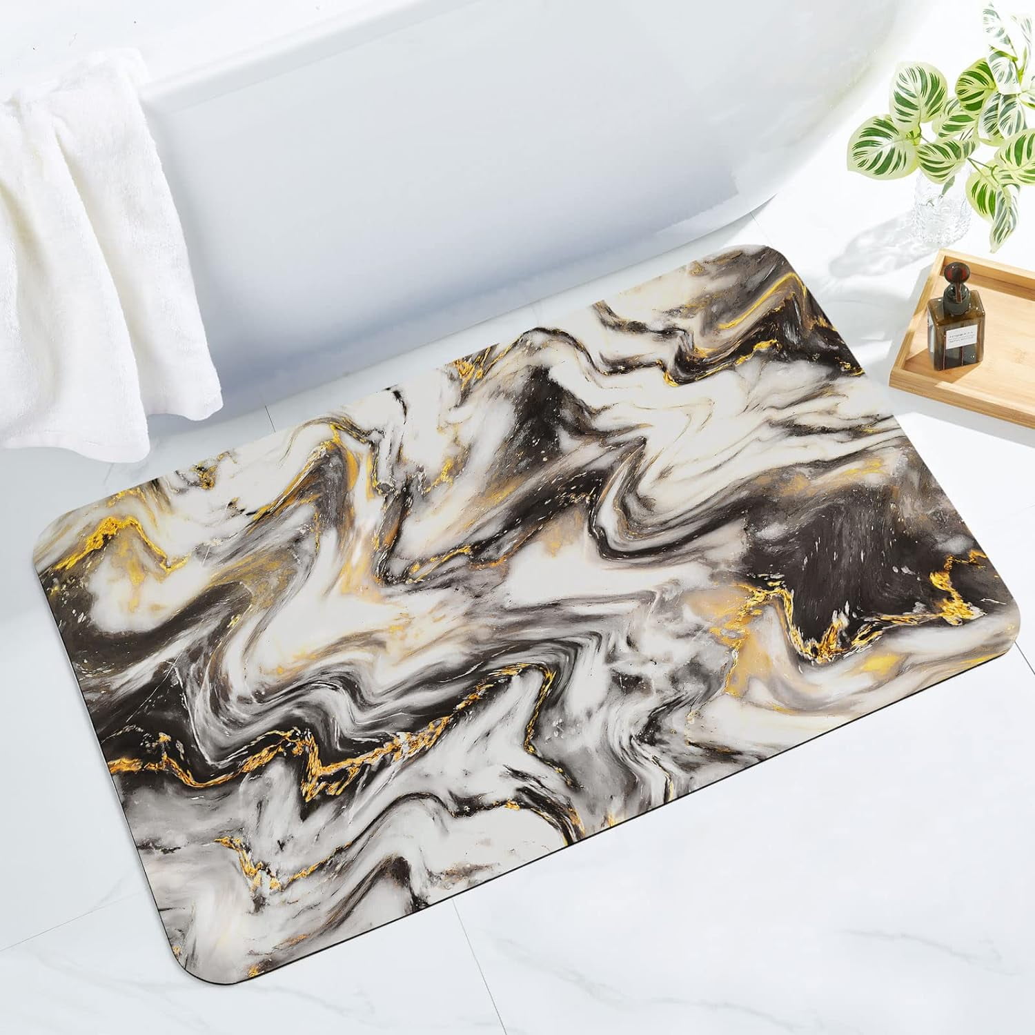 Black Gold Bathroom Runner Rug Mat, Abstract Marble Bath Mats for ...