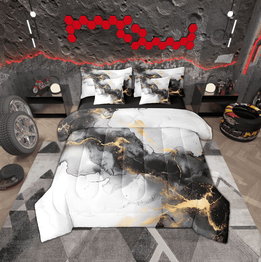 Black and Gold Bedding Comforter Sets 7 Pieces Watercolor Marble Bed in ...
