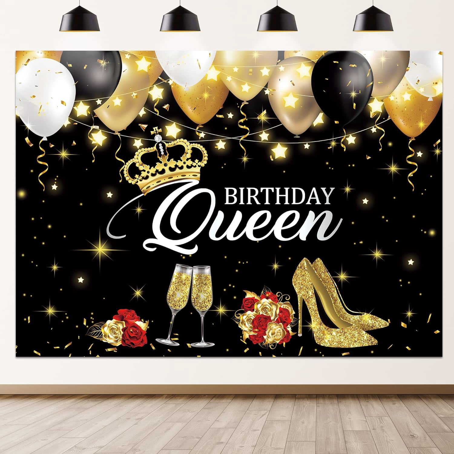 Black Gold Birthday Backdrop Banner, Queen Birthday Backdrop Background ...