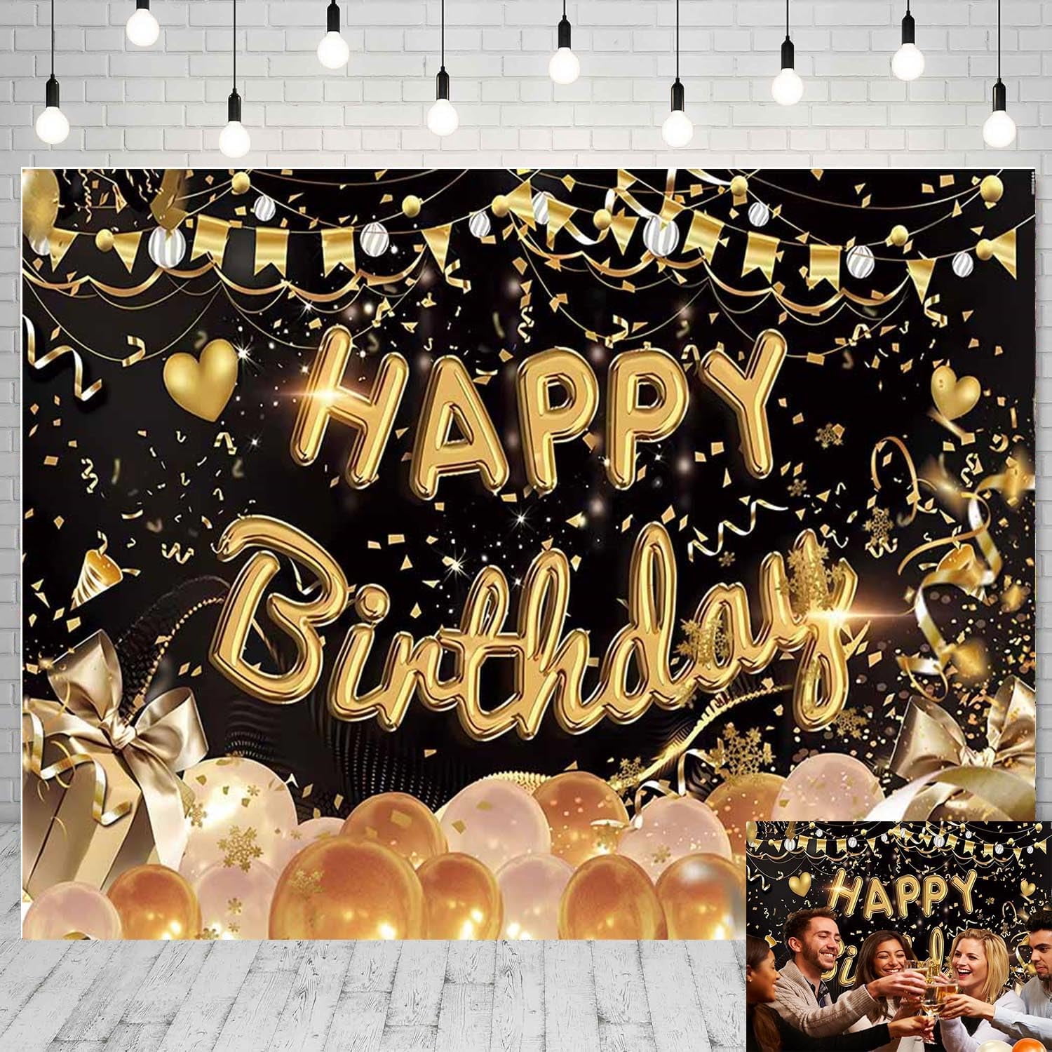 Black and Gold Birthday Backdrop Fabric Balloons Happy Birthday ...