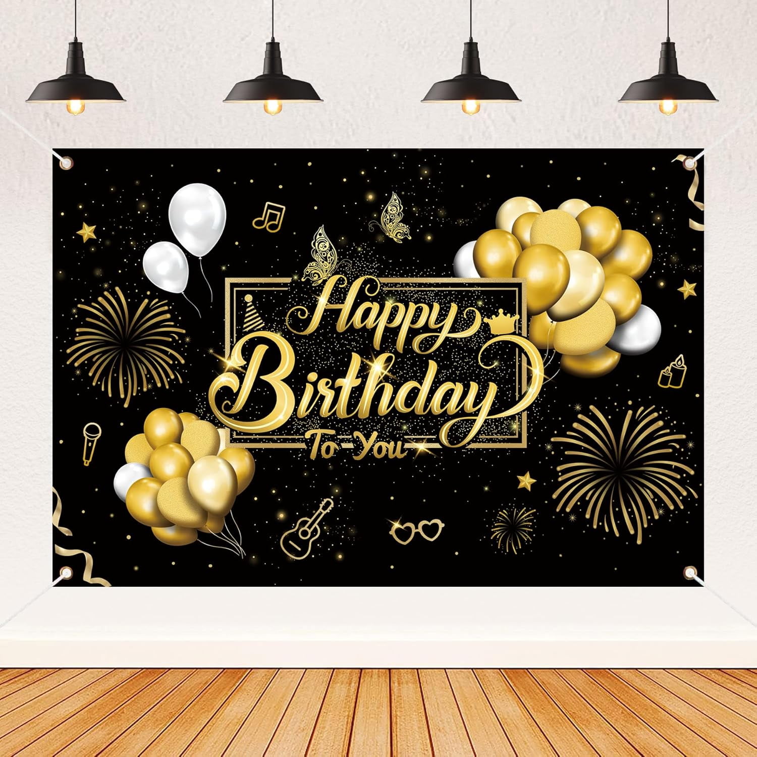 Black Gold Birthday Backdrop, Happy Birthday Party Photo Booth ...