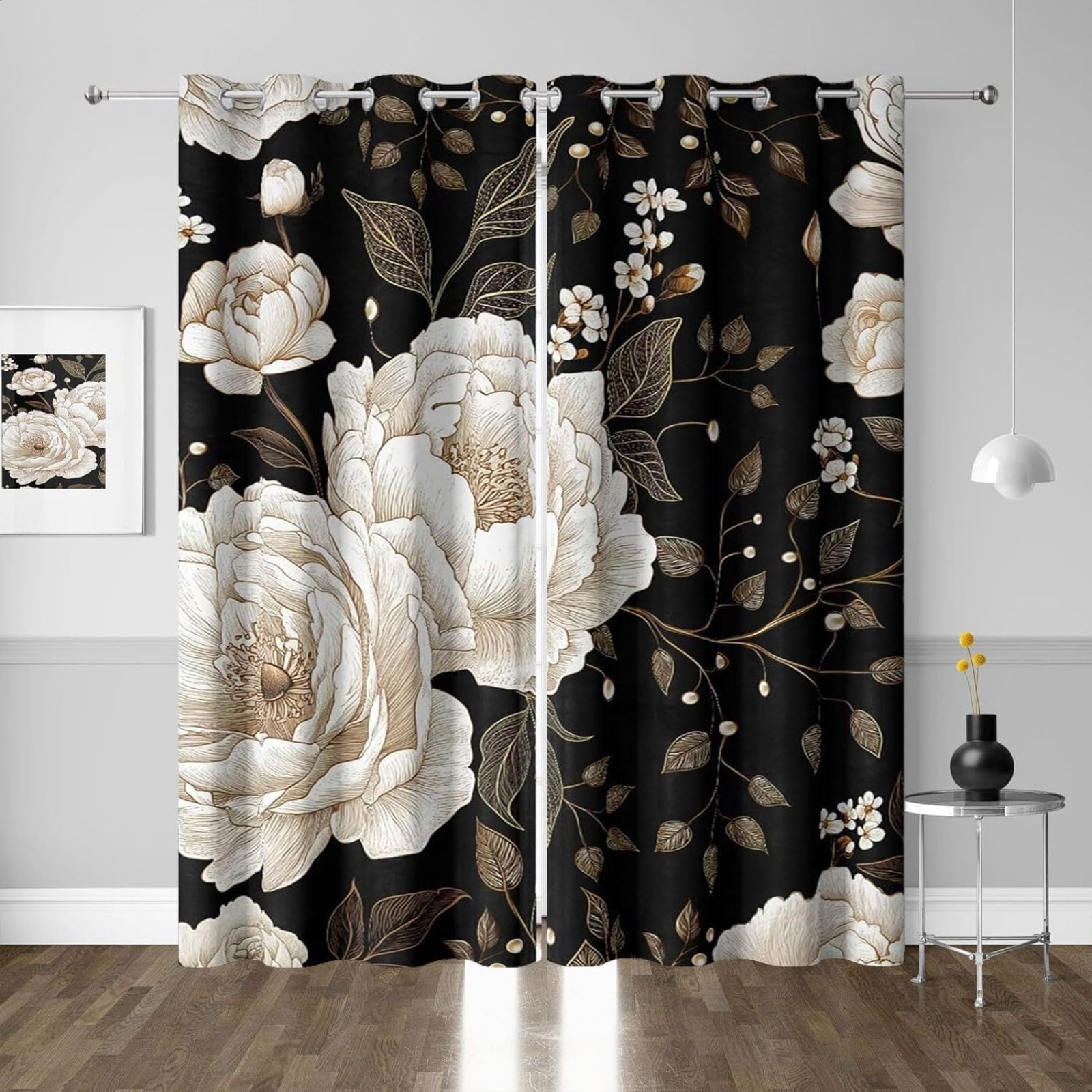 Black And Gold Blackout Curtains, Dark Roses Leaves Botanical Aesthetic ...