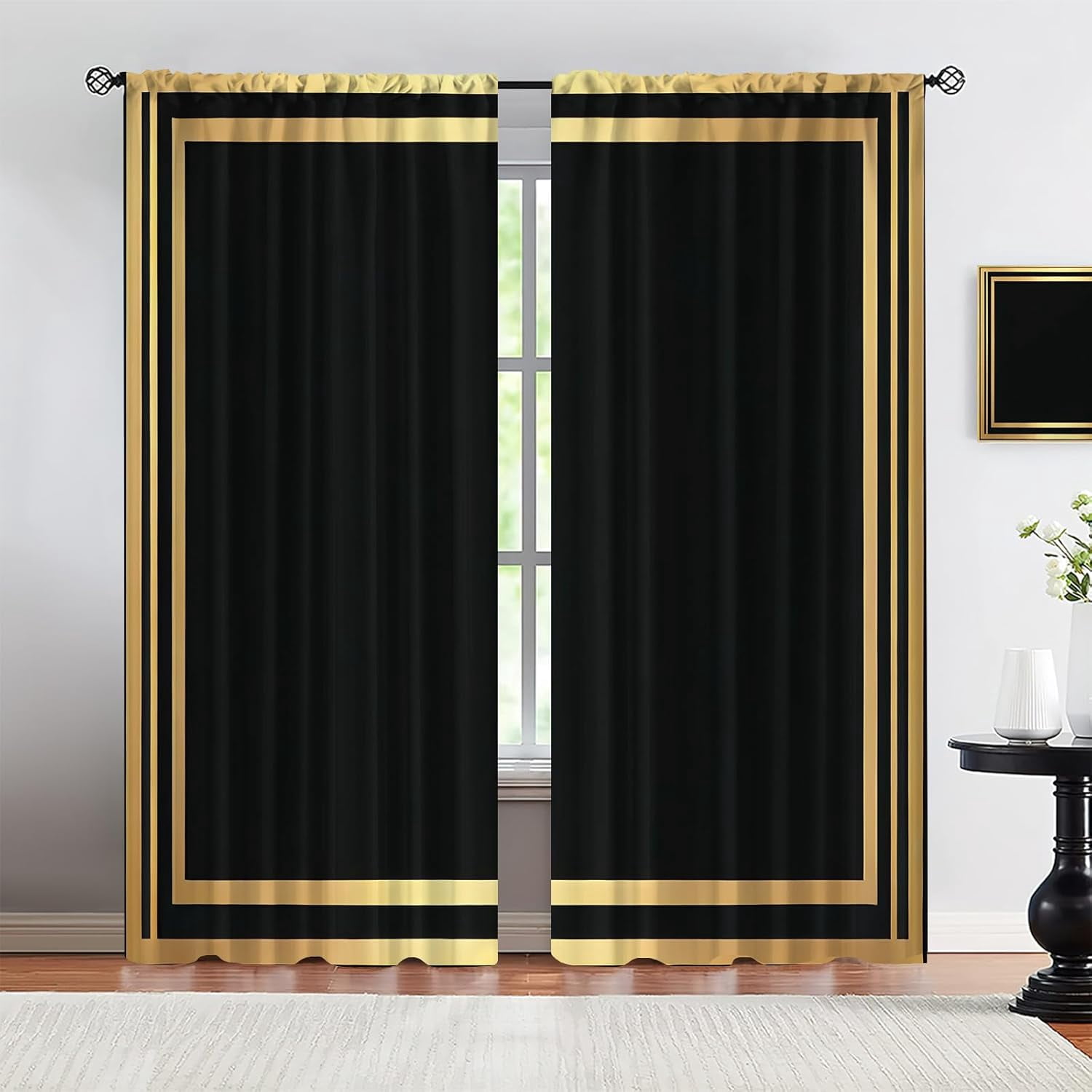 Black Gold Blackout Curtains, Luxury Geometric Gold Line Window ...