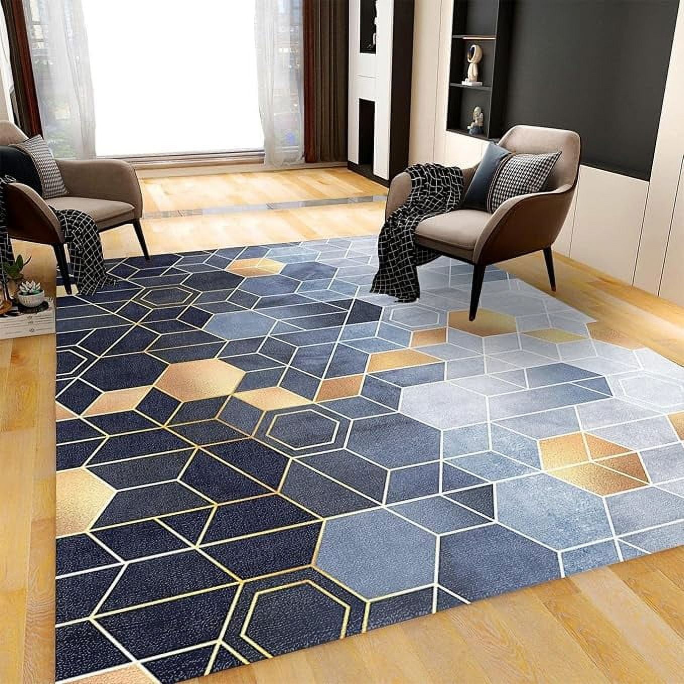 Black And Gold Blue Hexagon Area Rug, Geometric Honeycomb Living Room ...