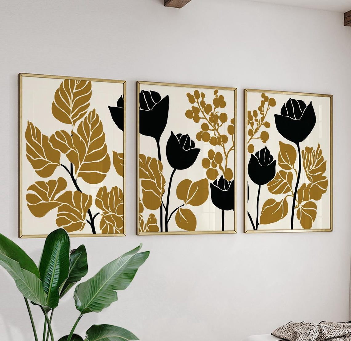 Black Gold Botanical Floral Modern Abstract Plant Art Set 3 Stretched ...