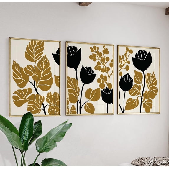 Black Gold Botanical Floral Modern Abstract Plant Art Set 3 Stretched ...
