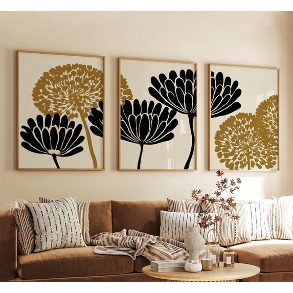 Black Gold Botanical Flower Abstract Floral Sculptural Petals Set 3 ...