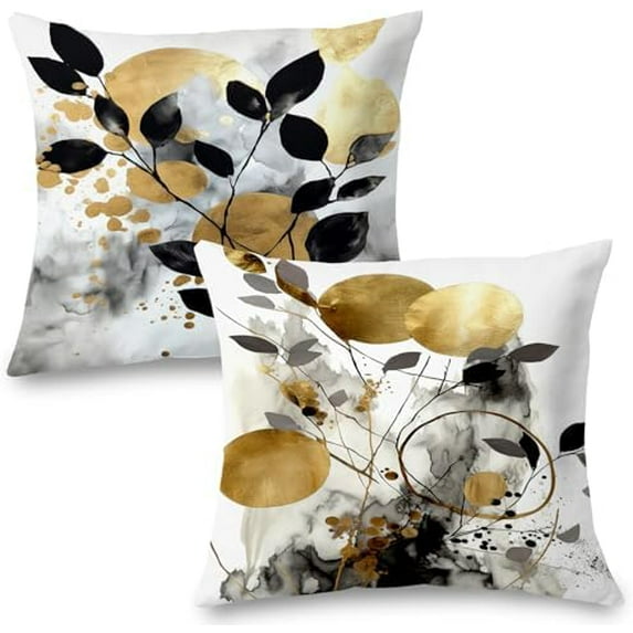 Black and Gold Botanical Pillow Covers 24x24 Set of 2, Abstract Modern ...