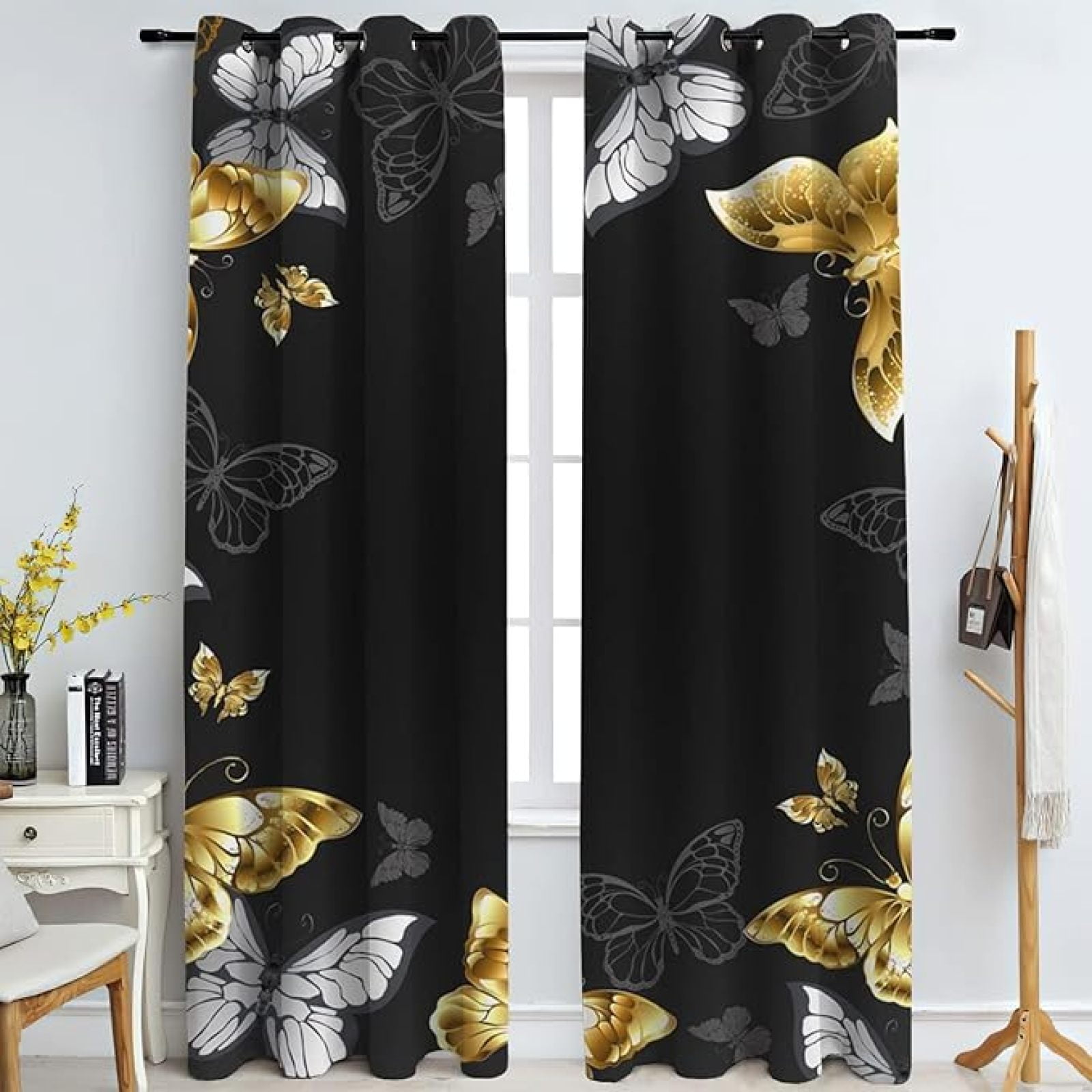 Black Gold Butterfly Animal Window Curtains, Luxurious Gold Butterfly ...