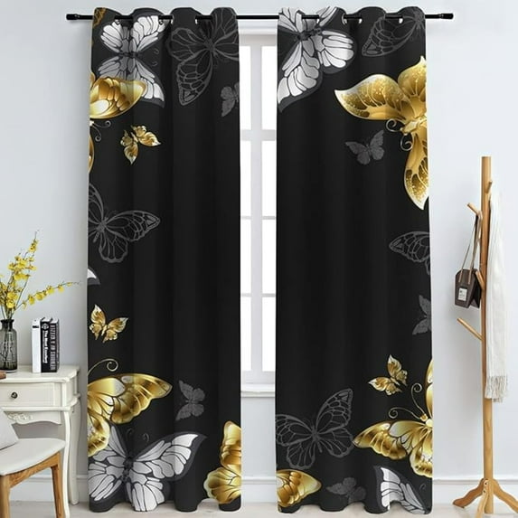 Black Gold Butterfly Animal Window Curtains, Luxurious Gold Butterfly ...