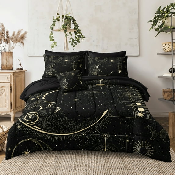 Black Gold Cat Comforter Set 8 Pieces Bed in a Bag Black Gold Universe ...