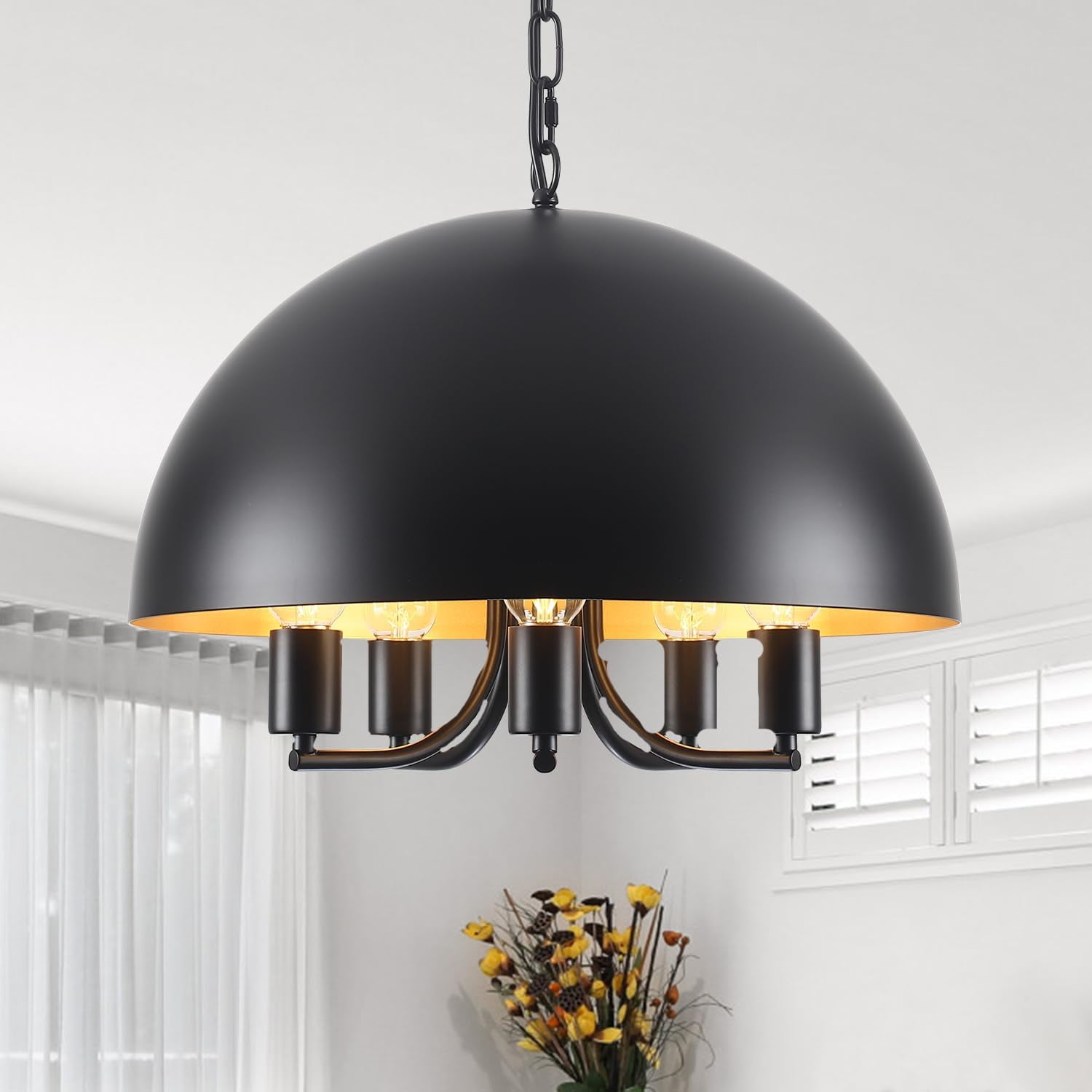 Black and Gold Ceiling Light - 17.7 Inch Black Large Farmhouse Dome ...
