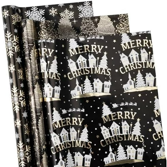 Black Gold Christmas Wrapping Paper Set, Mini Roll, Gold Foil Holiday ...