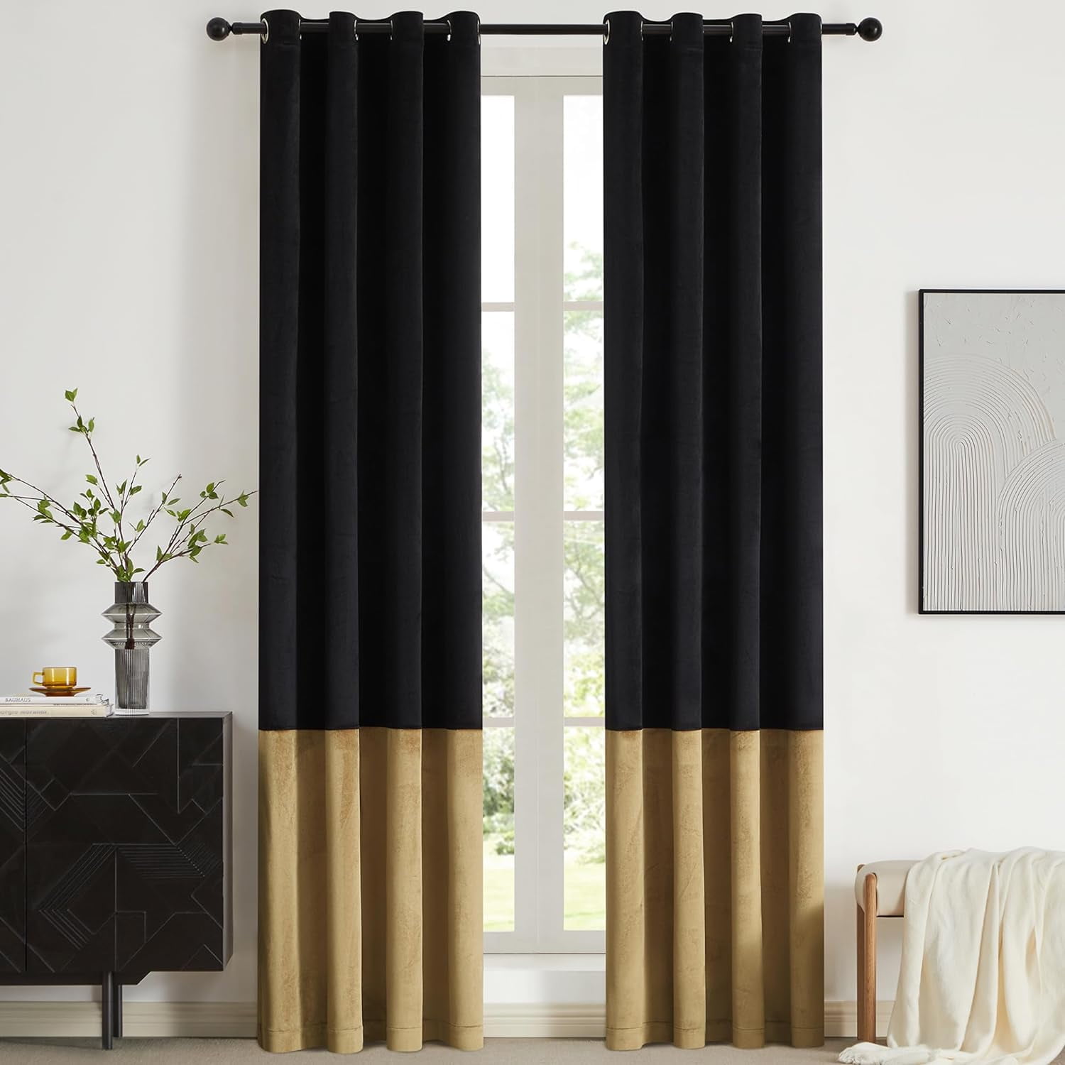 Black Gold Color Block Window Curtains Panels 84 inches Long Velvet ...