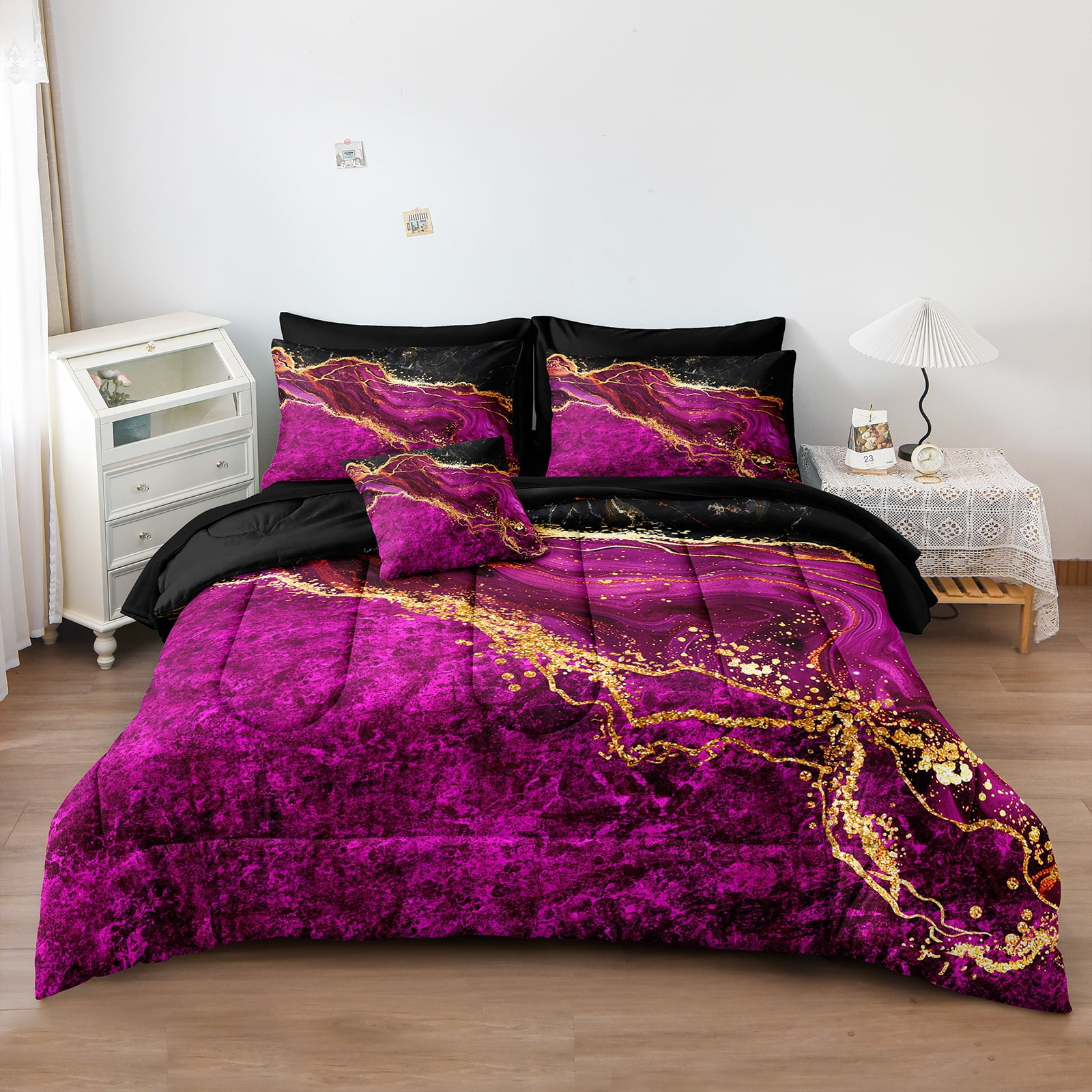 Black Gold Comforter Set 8 Pcs Hot Pink Marble Bedding Set Bed in A Bag ...