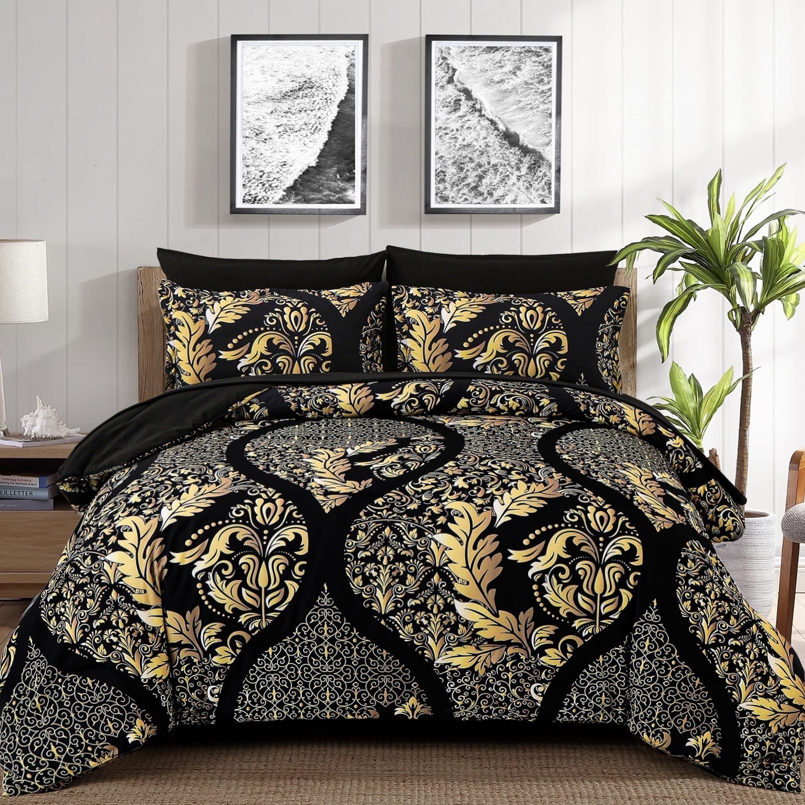 7 Pieces King Size Comforter Set Black Gold Bohemian Damask Bedding Set ...