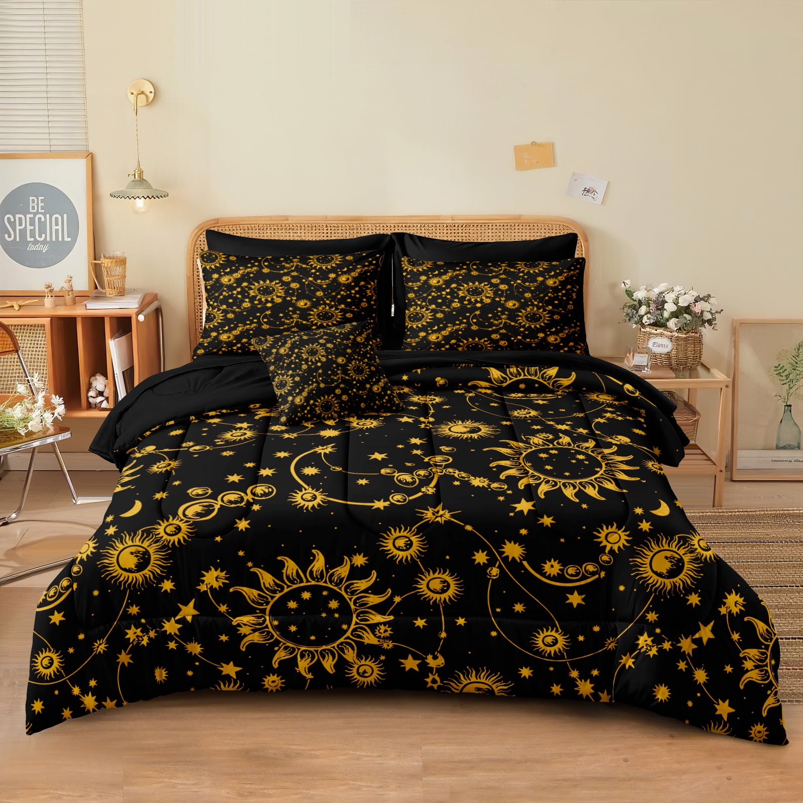 Black Gold Comforter Sets Sun and Moon Bedding Set Yellow Stars Starry ...