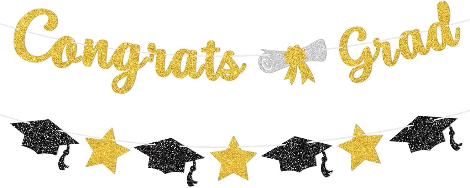 Black Gold Congrats Grad Banner for Graduation Decorations,Glitter ...