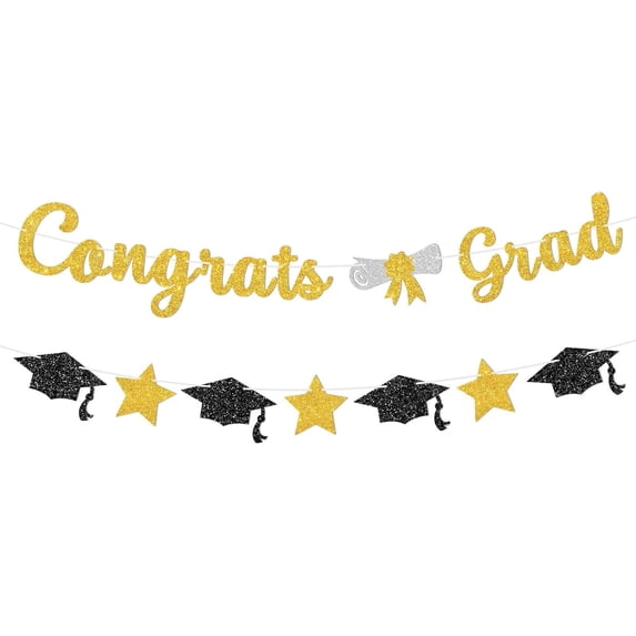 Black Gold Congrats Grad Banner for Graduation Decorations,Glitter ...