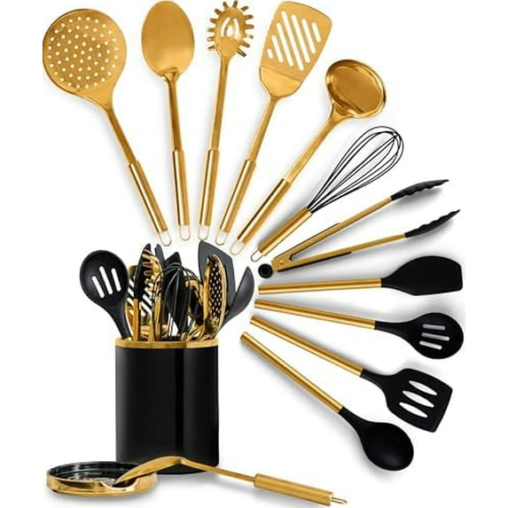 Black and Gold Cooking Utensils Set - 13-Piece Kitchen Set with Black ...