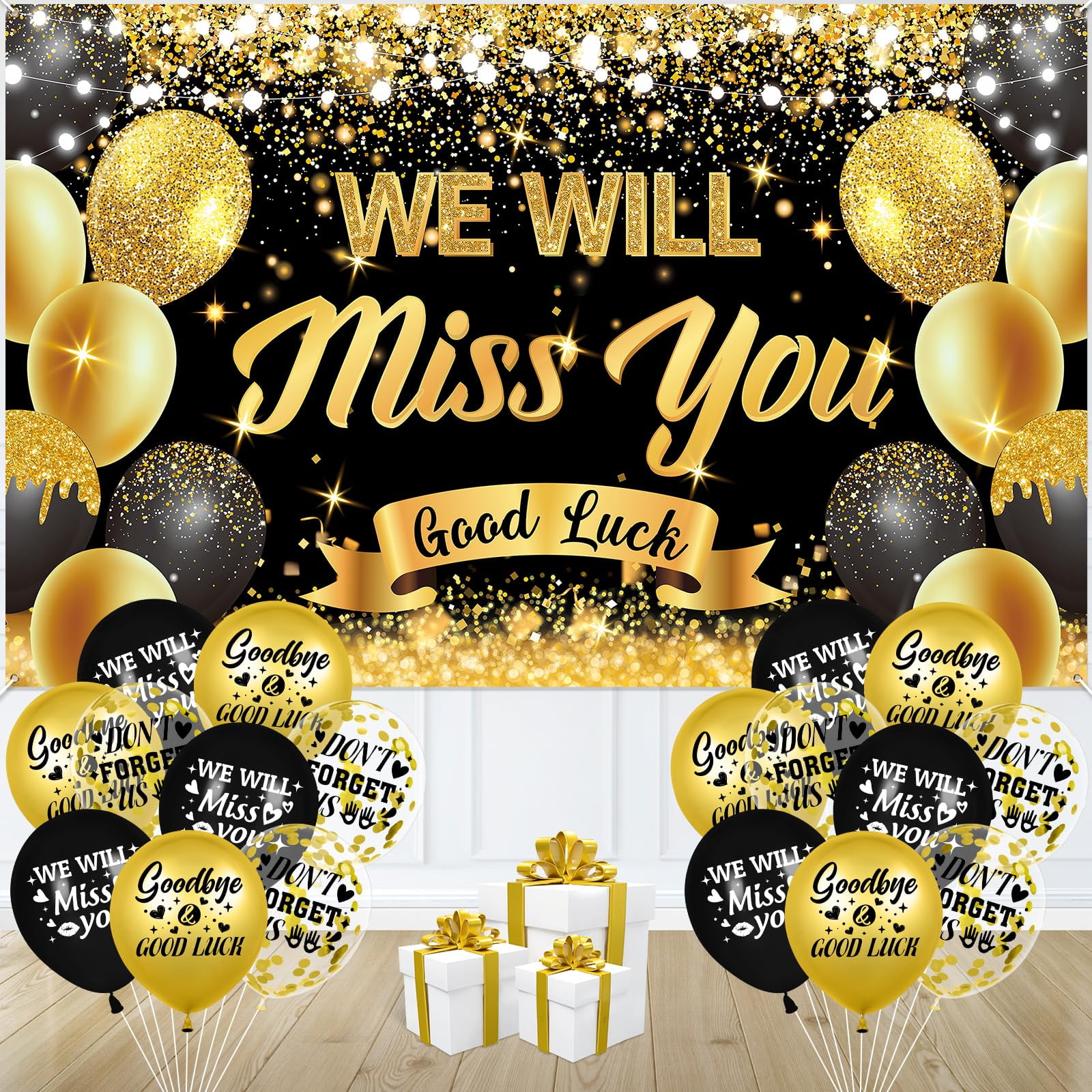 Black Gold Coworker Leaving YPF5 Party Decorations Good Luck Will Miss You Banner 18PCS Will ...
