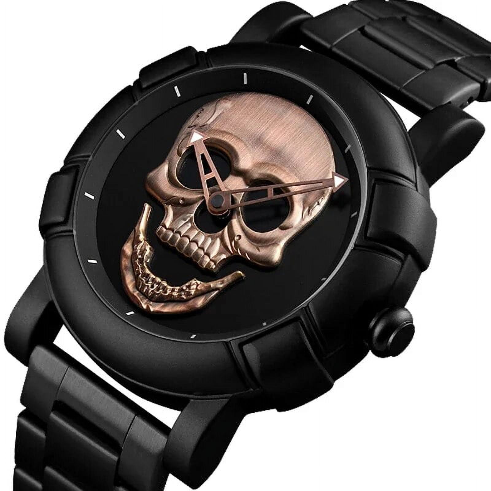 Black Gold Dial Quartz Watch Men 3D Skull Head Pattern Stainless Steel ...
