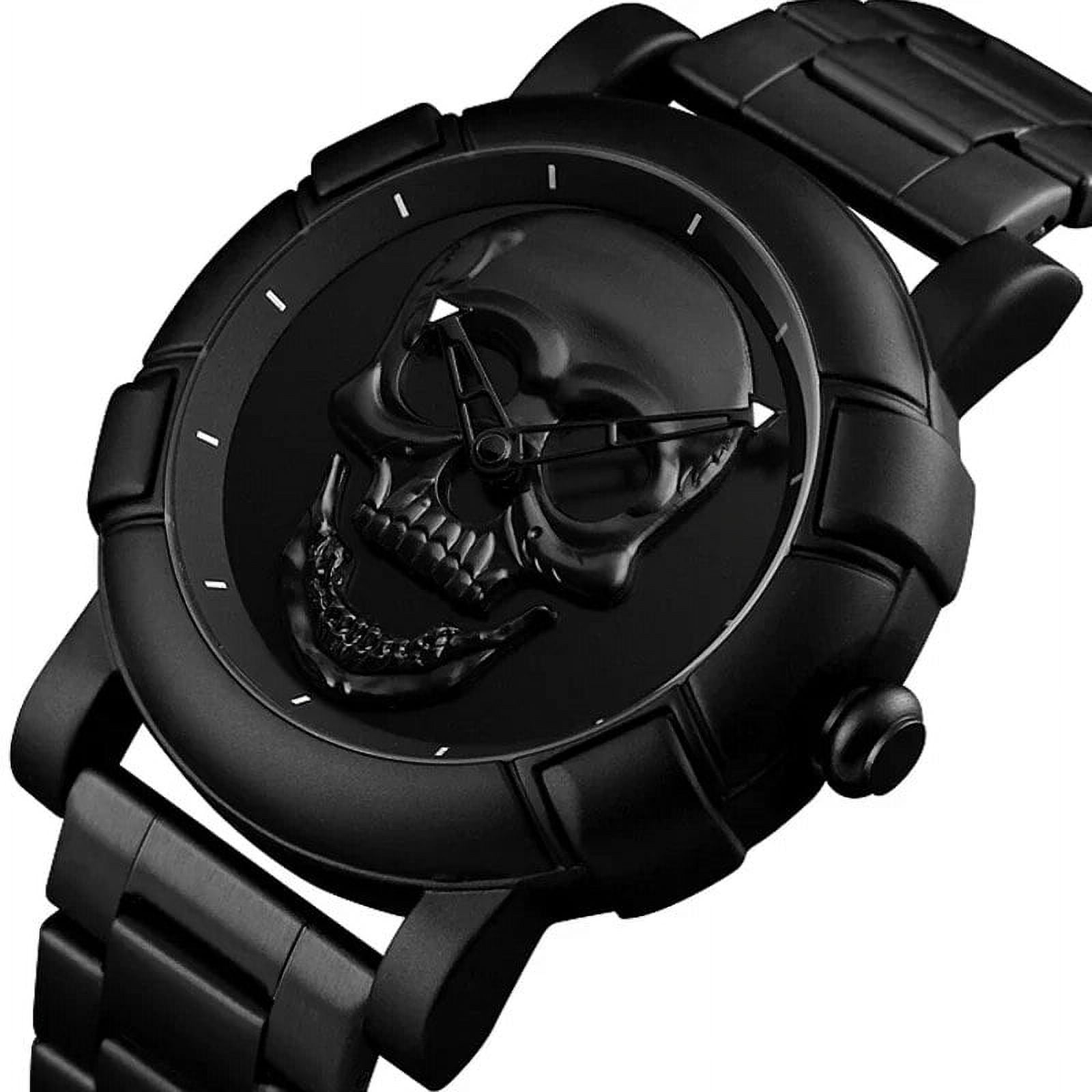 Black Gold Dial Quartz Watch Men 3D Skull Head Pattern Stainless Steel ...