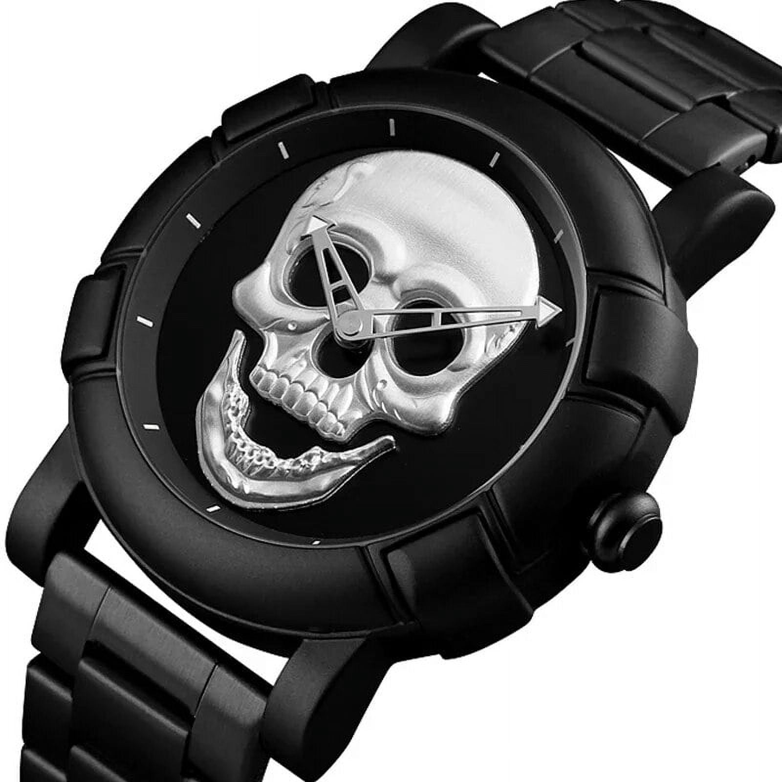 Black Gold Dial Quartz Watch Men 3D Skull Head Pattern Stainless Steel ...