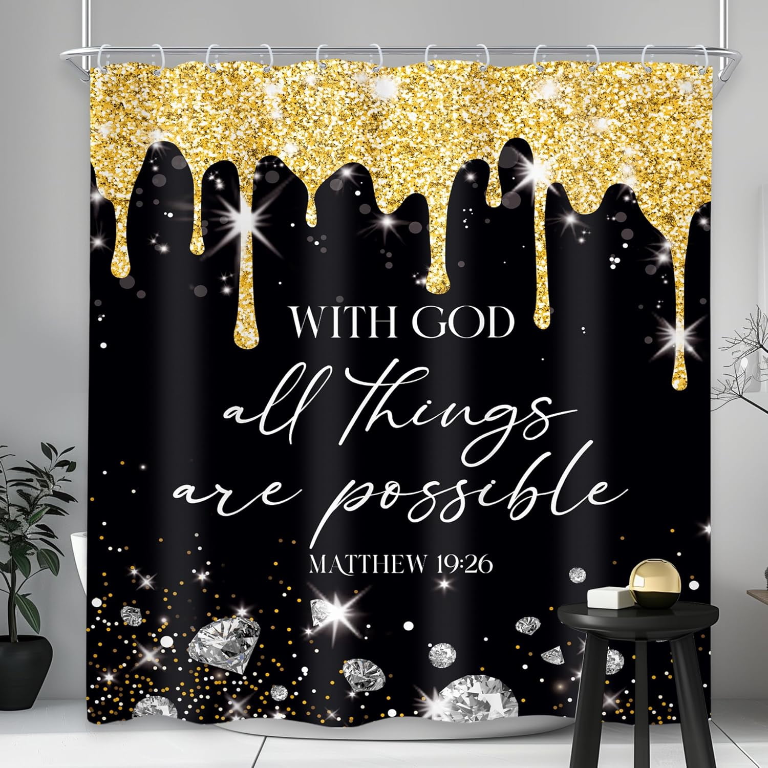 Black Gold Diamonds Quotes Shower Curtain (No Glitter) Modern Black ...