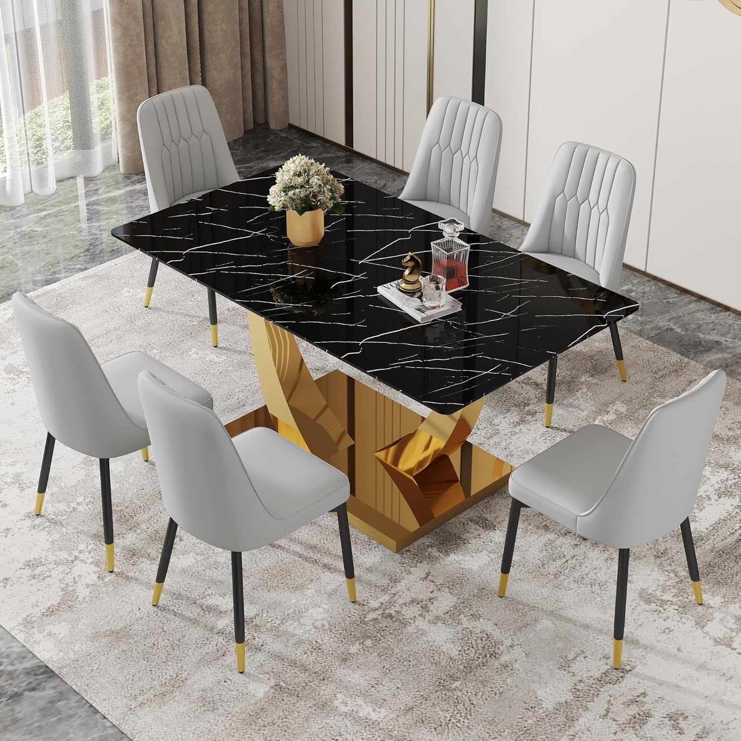 Black and Gold Dining Table Set for 6, Faux Marble Dining Room Table Set for 6,63'' Rectangular ...