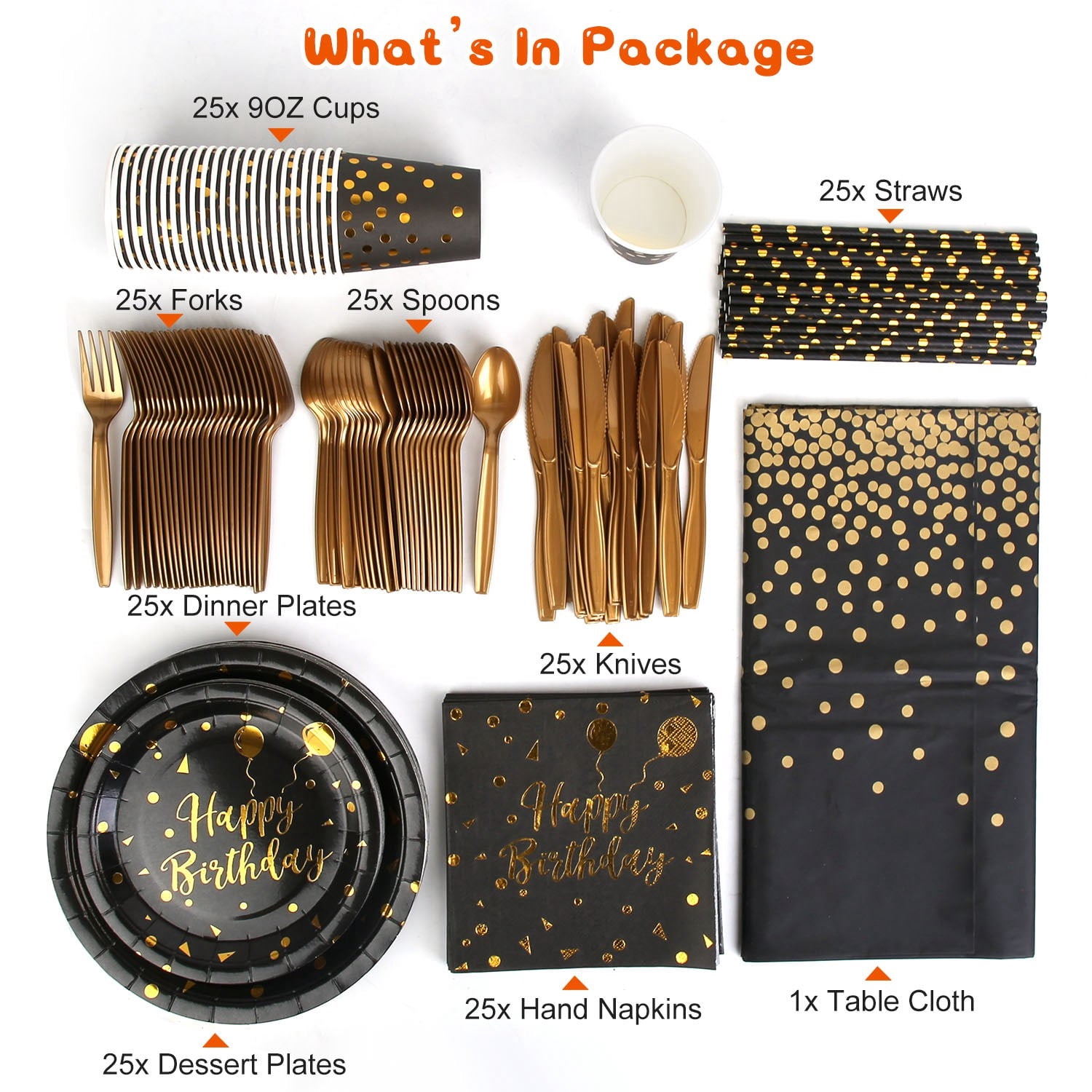 Black Gold Disposable Birthday Dinnerware Set 201PCS Tableware for ...
