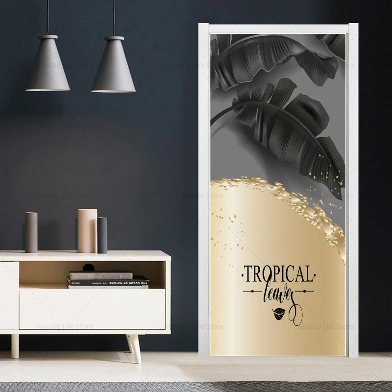 Black Gold Door Sticker Cover Self Adhesive PVC Tropical Leaves ...