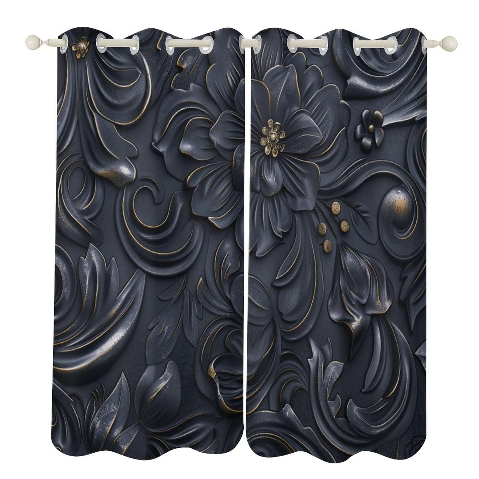 Black Gold Embossed Curtains 2 Panels Set Blackout for Bedroom Living ...
